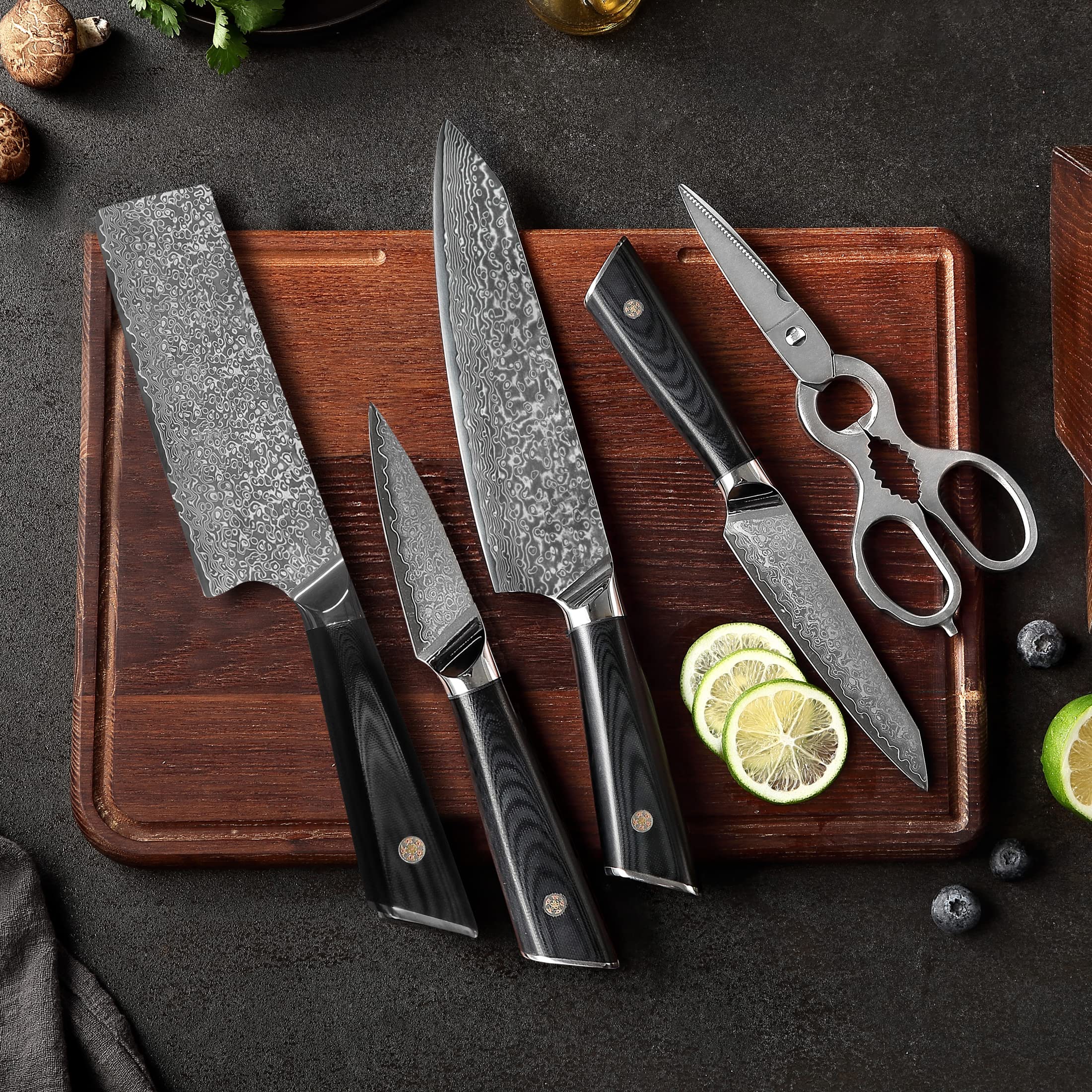 SHA-PU Damascus Steel 6 Piece Kitchen Knife Set including Shears and Wood Block