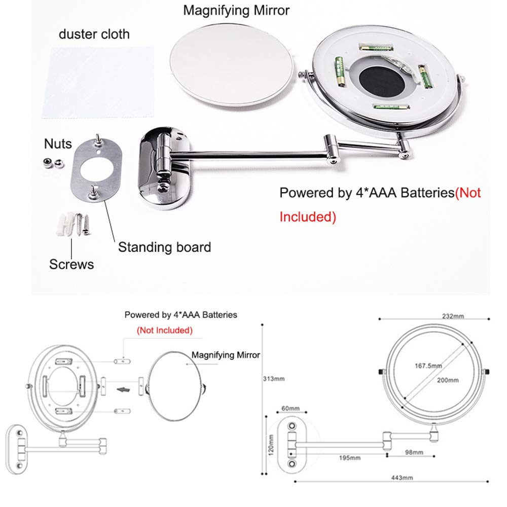 8 Inch Makeup Mirror, 7X Wall Mounted Magnifying Vanity Mirror with Lights 360 Degree Rotation Adjustable Extending Folding Bathroom Mirror for Dressing Table, Makeup Room