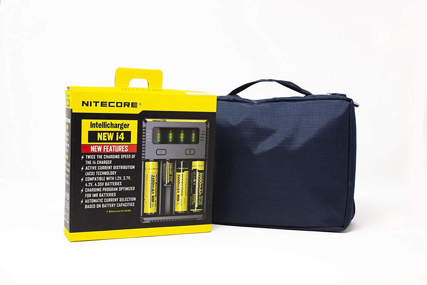 Nitecore New i4 Intelligent Charger for Li-ion Ni-MH AA AAA 18650 16340 26650 Batteries with Travel Bag and Battery Organizer