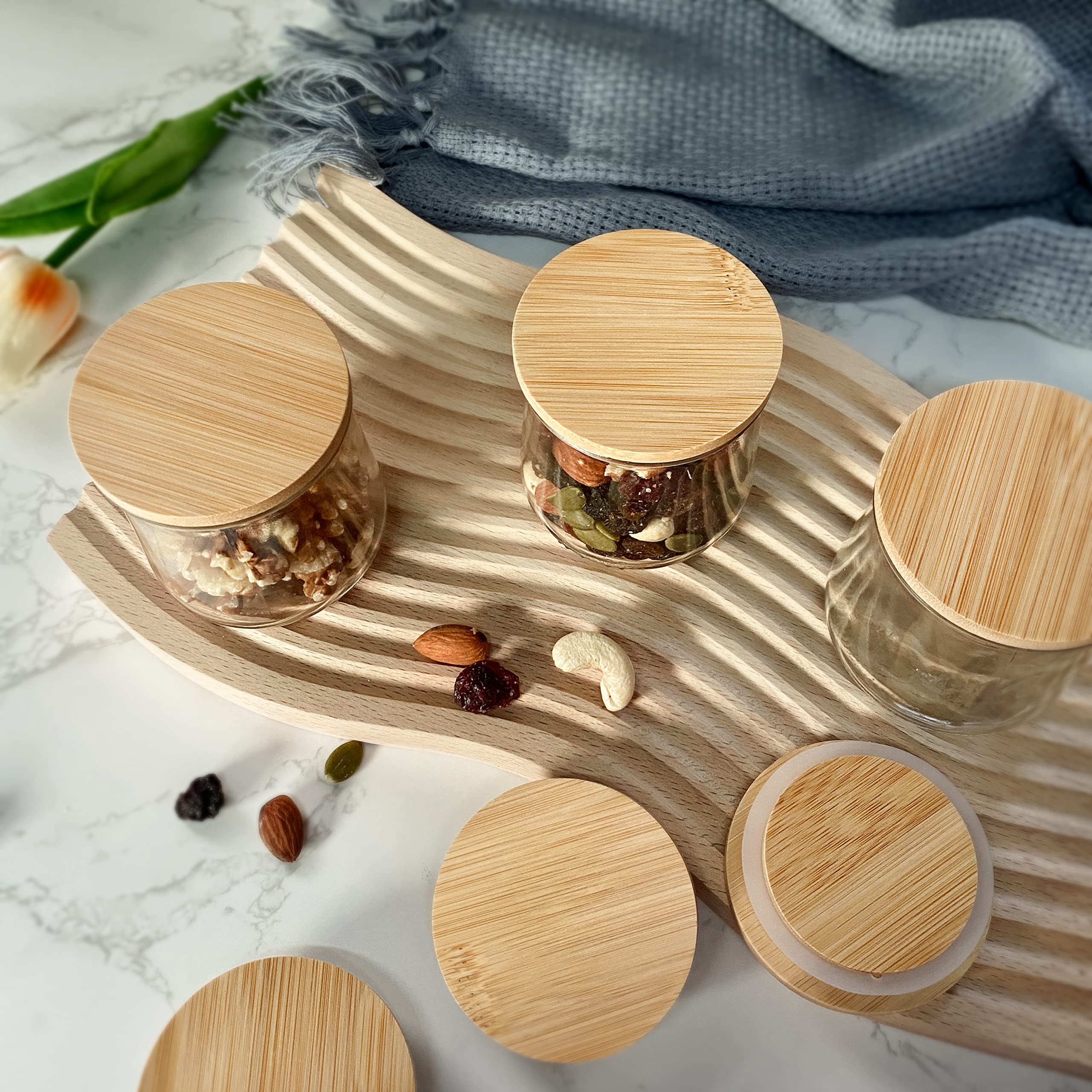 Oui Yogurt Jar Lids-12 pack Oui Lids-Natural Bamboo Wood with Silicone Sealing Rings and Oui Yogurt Bottle Label,For 5 Oz Oui Yogurt Jars