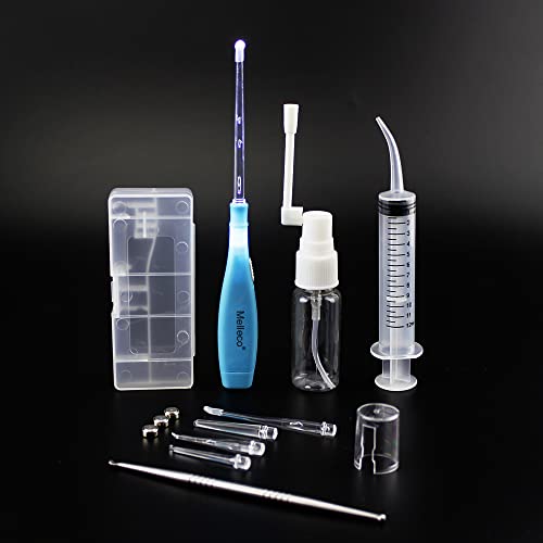 Melleco Upgraded 6.75" Tonsillith Pick Tonsil Stone Remover Tool Care, Blue + Cleaning Irrigator Syringe + Stainless Steel Pick + Throat Nose Nasal Mist Pump Bottle