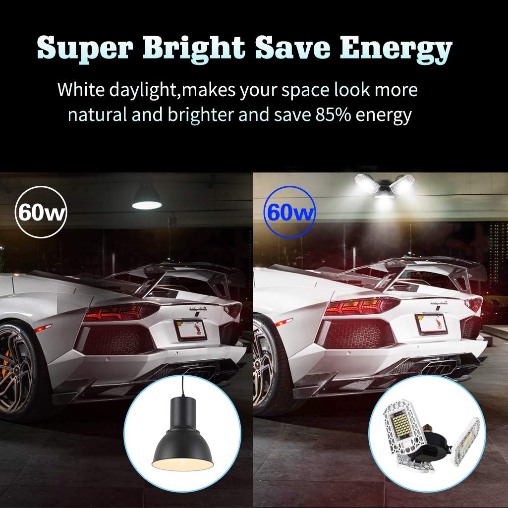 Aiouni LED Garage Lights, 60W 6000K Garage Ceiling Lights, E26/E27 Deformable Garage Lighting, Super Bright LED Shop Lights for Garage, Warehouse, Basement 7200LM