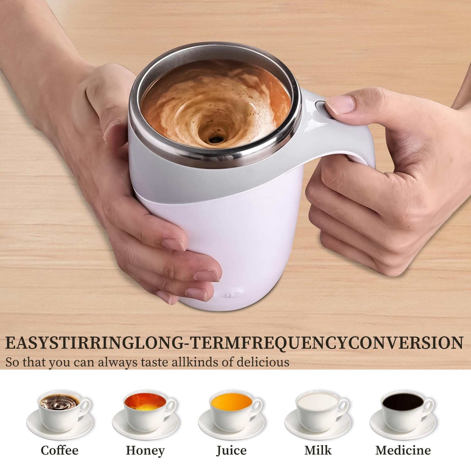 Self Stirring Coffee Mug, Rechargeable Automatic Coffee Stirring Mixing Mug, Electric Funny Self Mixing Cup, Stainless Steel Travel Coffee Cup for Office, Home, Kitchen(White)