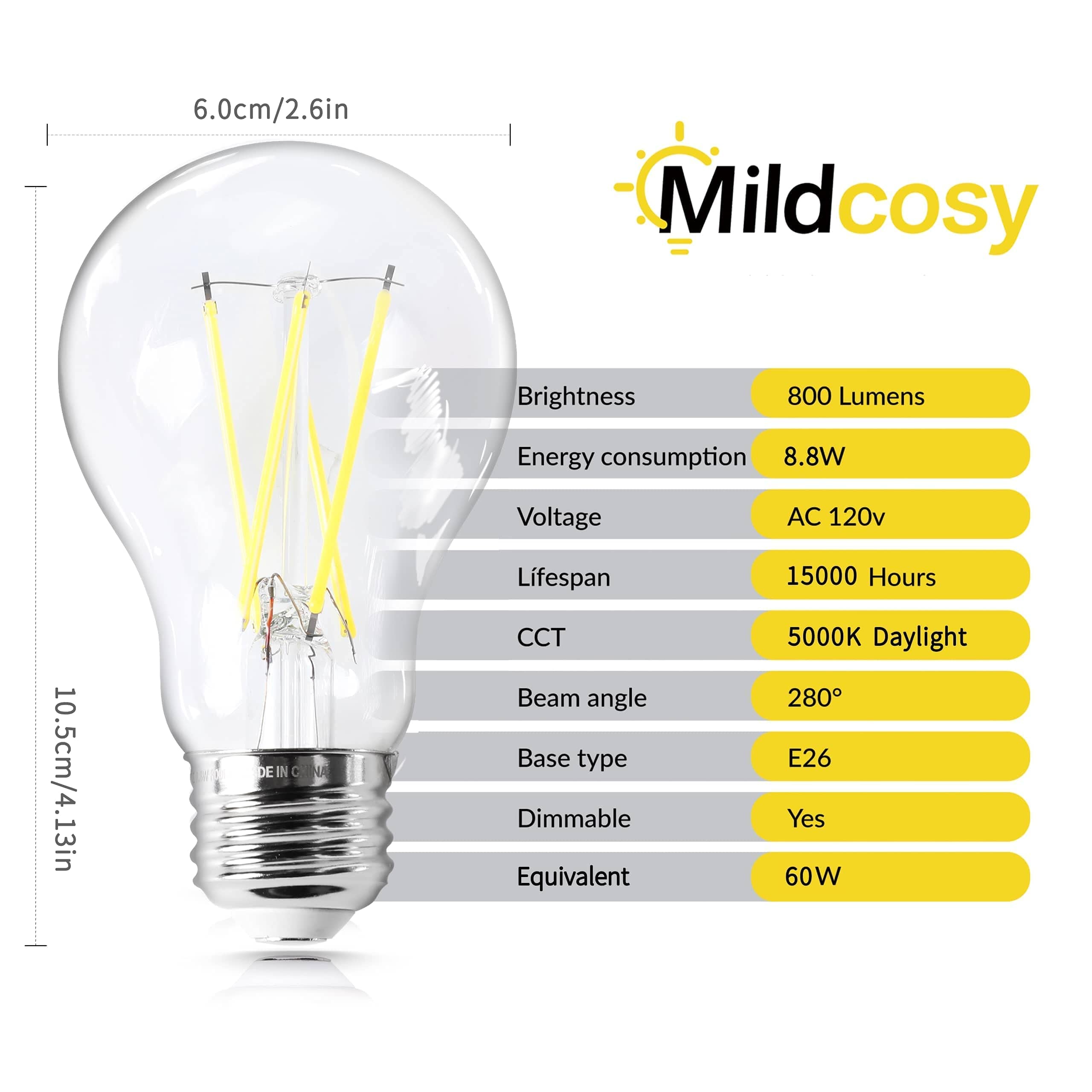 A19 Dimmable LED Light Bulbs, 60 Watt Equivalent, 5000K Daylight White, E26 Base, 8.8 Watt 800 Lumens 120V, 13 Years Lifespan, UL Listed FCC Certified, No Flicker, 6 Pack