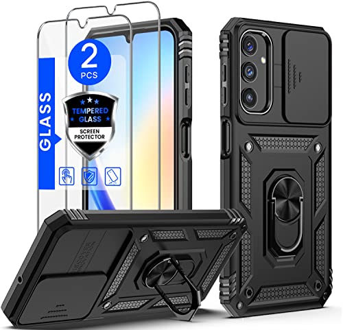 Dretal for Samsung A24 4G Case, Galaxy A24 5G Case with Slide Camera Cover + [2PCS] Tempered Glass Screen Protector, Military Grade Shockproof Protective Cover Built Finger Ring Kickstand (Black)