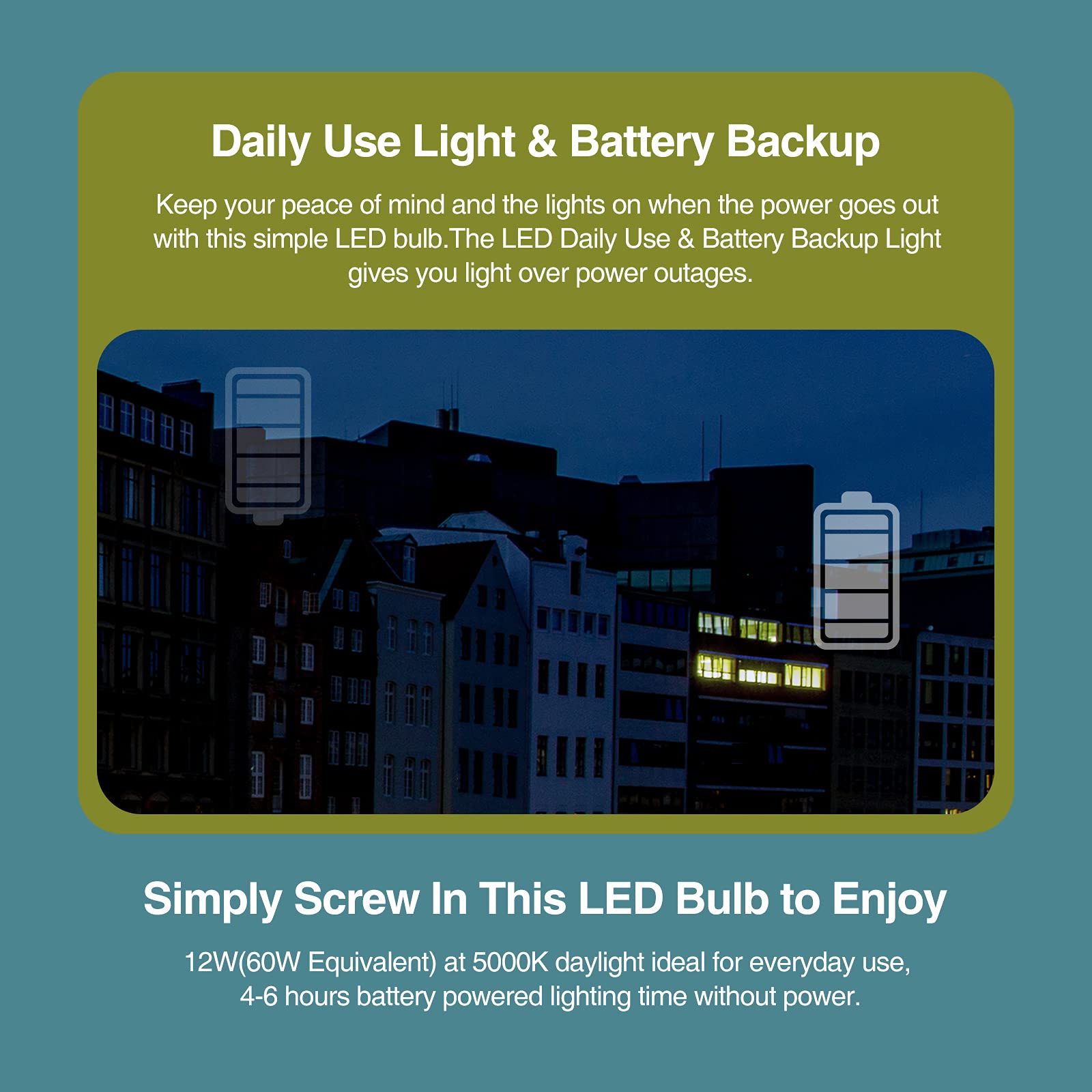 A19 Emergency Rechargeable Light Bulbs, Keep Lighting During Power Outage, Led Bulb 60 Watt Equivalent, 5000K Daylight Light Bulb 1200mAh Battery Backup Light Bulbs for Daily Used & Home Power Failure