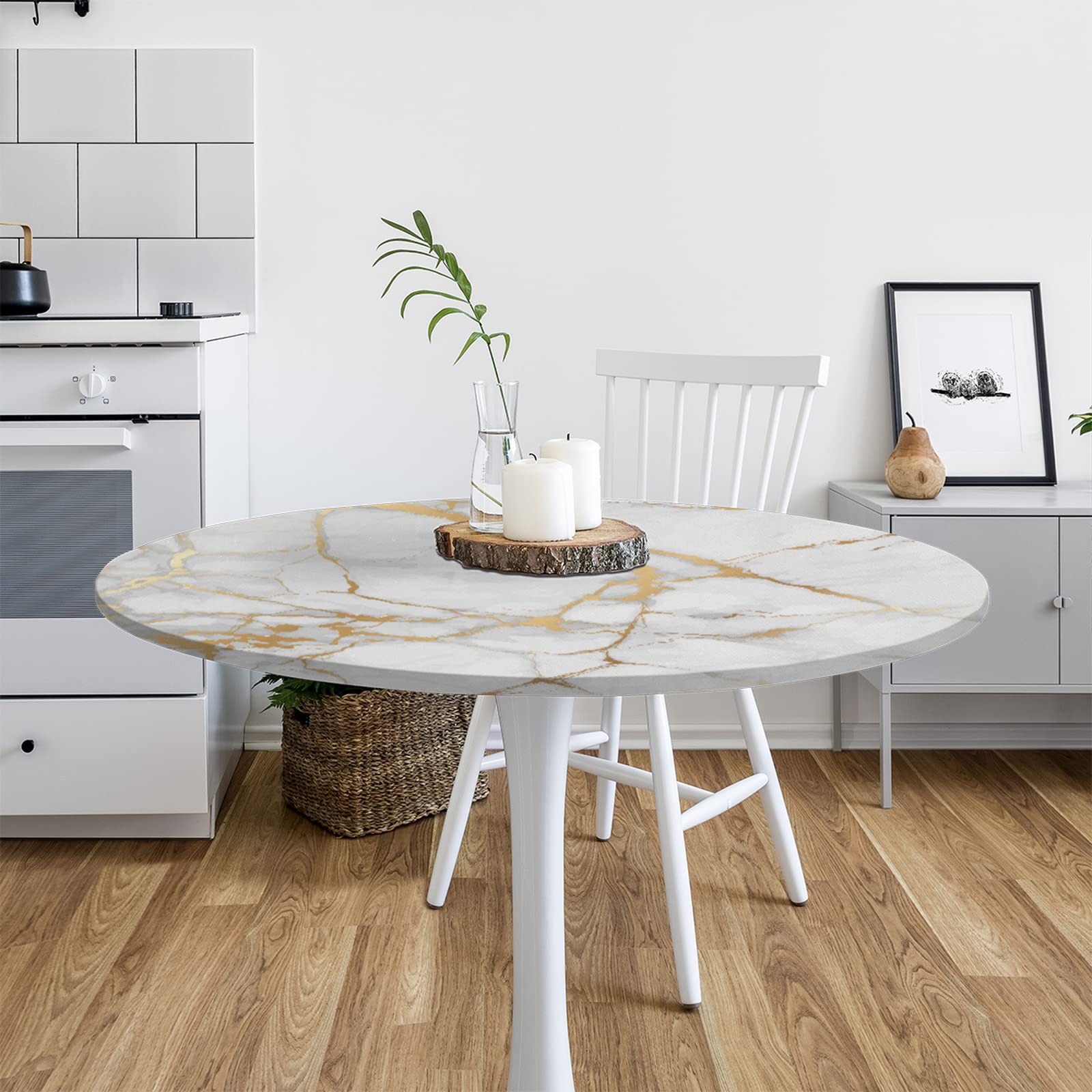 AUUXVA Marble Round Tablecloth with Elastic Edge,White Gold Marble Fitted Table Cloth Waterproof Wipeable Round Table Cover for Dining Kitchen Party Indoor Outdoor Patio Table 45"-56" Diameter