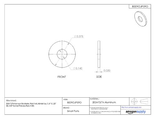 Small Parts 2024-T3/T4 Aluminum Flat Washer, Plain Finish, 5/16" Hole Size, 0.34" ID, 3/4" OD, 0.065" Nominal Thickness (Pack of 100)