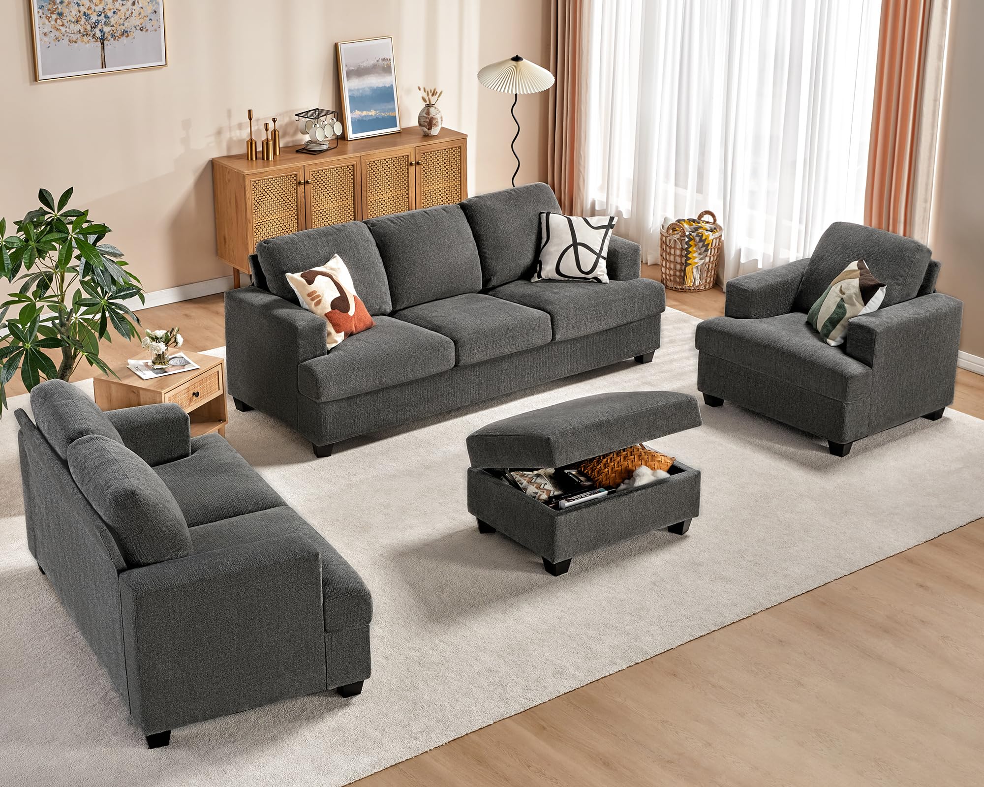 papababe Sofa, 3 Seater Modern Couches with Extra Deep Seats, 89" Wide Comfy Couches for Living Room, Bedroom(Grey,Chenille)