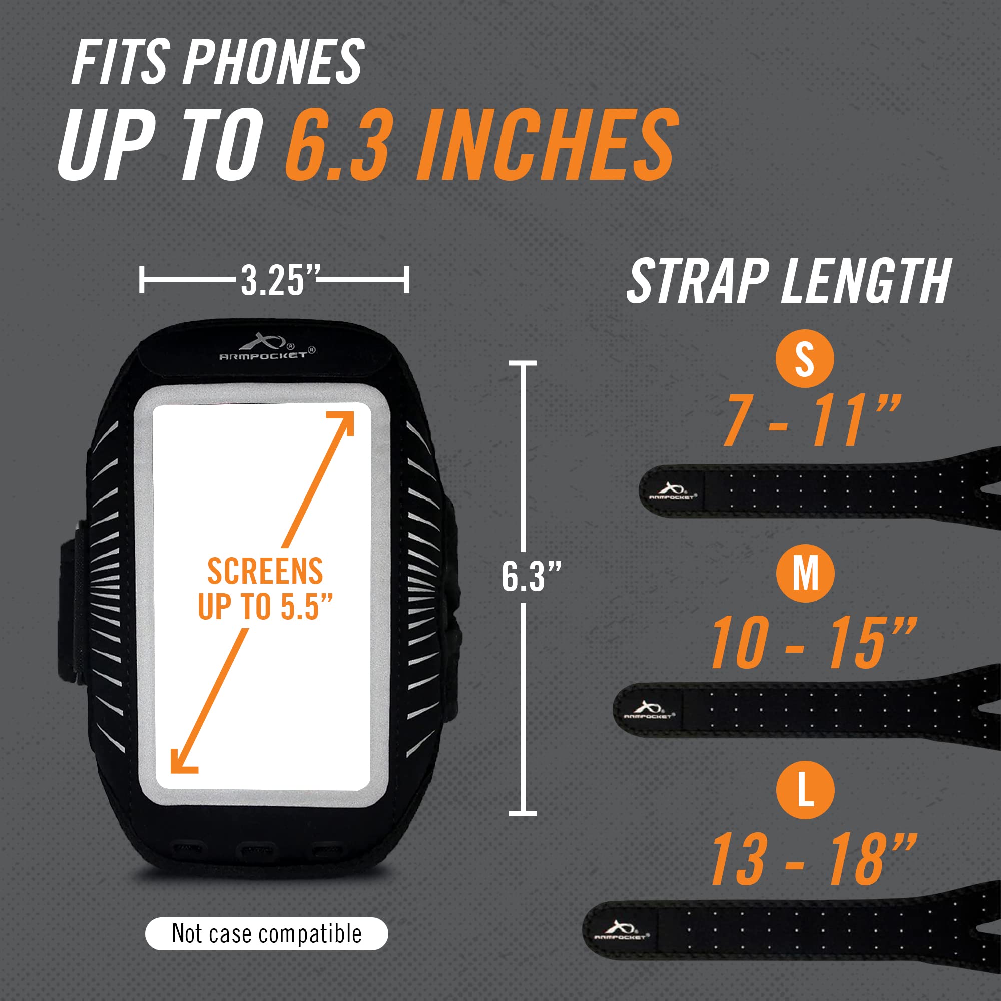 Armpocket Racer Plus Arm Band, Running Phone Holder for iPhone 12/13 Mini, Galaxy S7 Edge, Pixel 4A, & Devices Without Cases Up to 6.3 Inches, 10 to 15-inch Black Strap