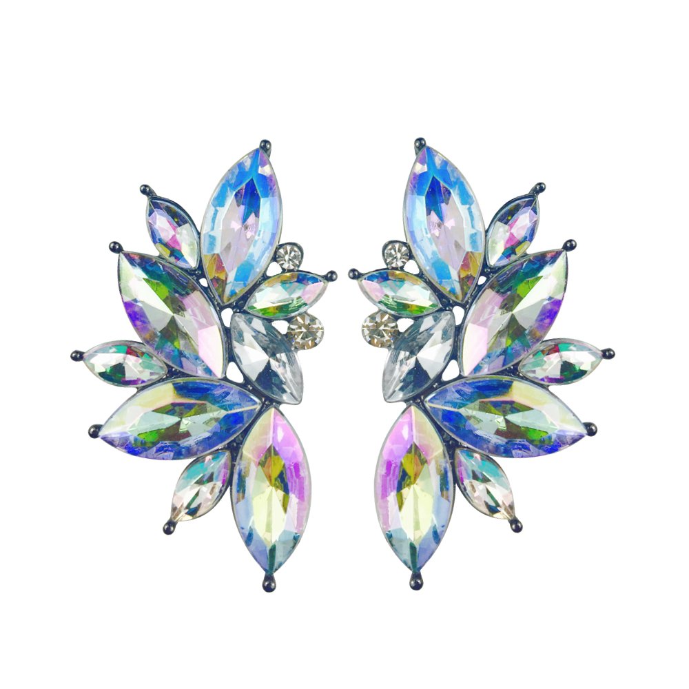 80s Funky Punk Rock Spiky Oversized Rhinestone Studded Candy Cluster Women Stud Earrings in Aurora Borealis (Aurora Borealis)