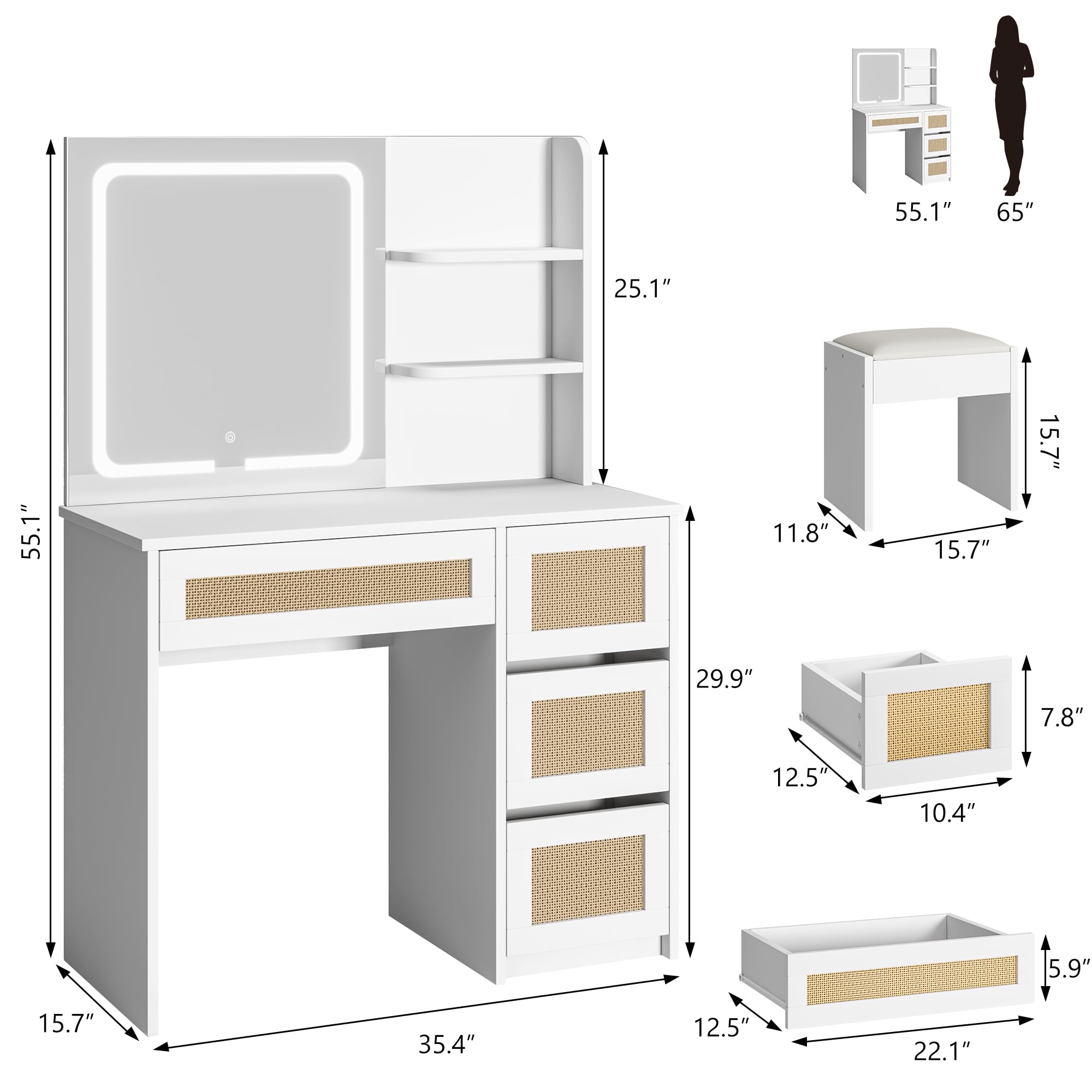 GAOMON Rattan Vanity, Makeup Vanity Desk with Mirror and Adjustable LED Light, Large Storage Space with 4 Drawers and 2 Tiers of Open Shelves for Bedroom in White
