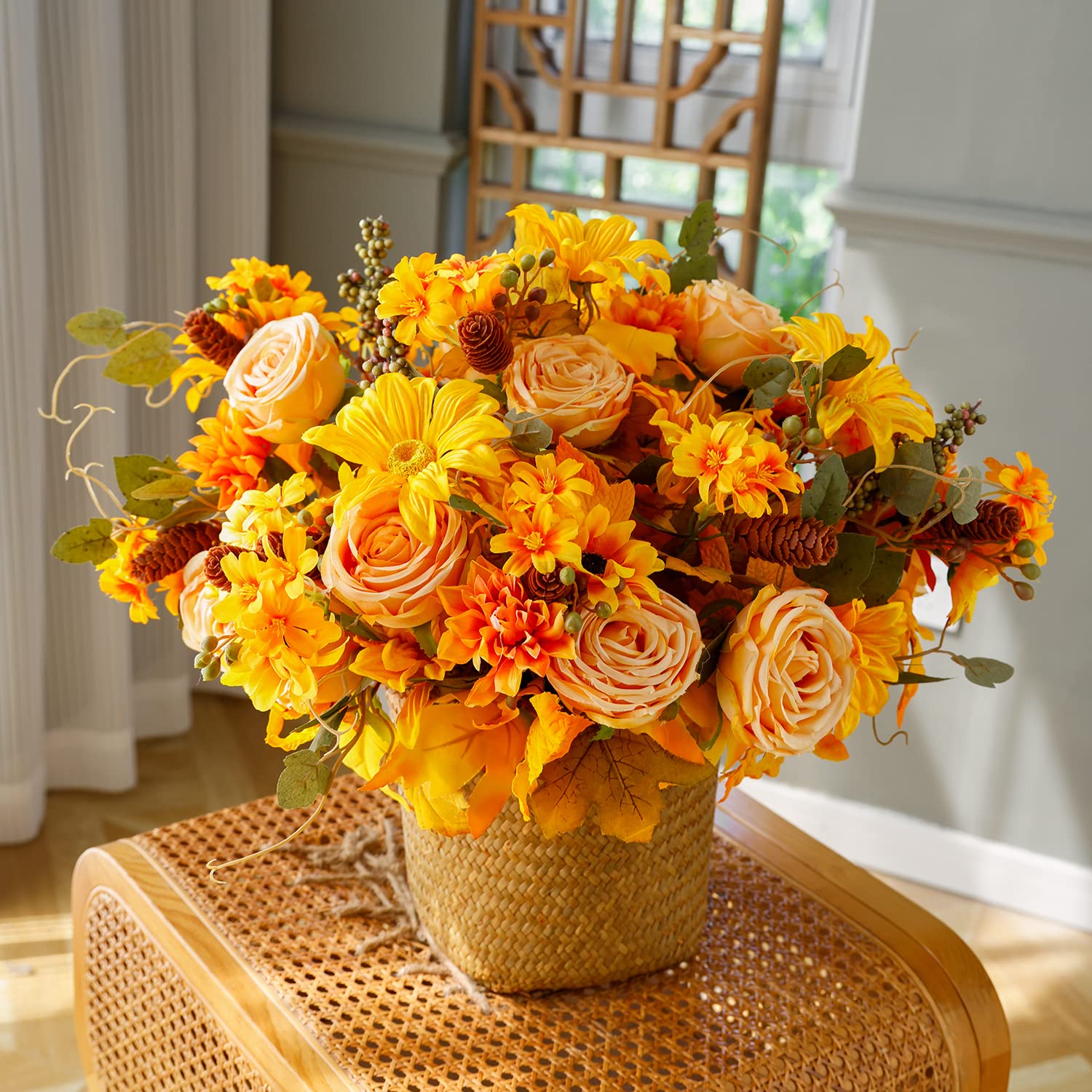 Anna's Whimsy 2 Pcs Fall Artificial Flowers, Fall Decor Silk Flowers Bouquet for Home Wedding Thanksgiving Decoration (Golden, 2)