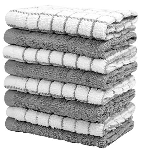 Bumble Premium Cotton Dish Cloths (12" x 12") Grey Check Design | Highly Absorbent | Natural Ring Spun Cotton | Kitchen Dish Towel Set | 380 GSM - 8 Pack