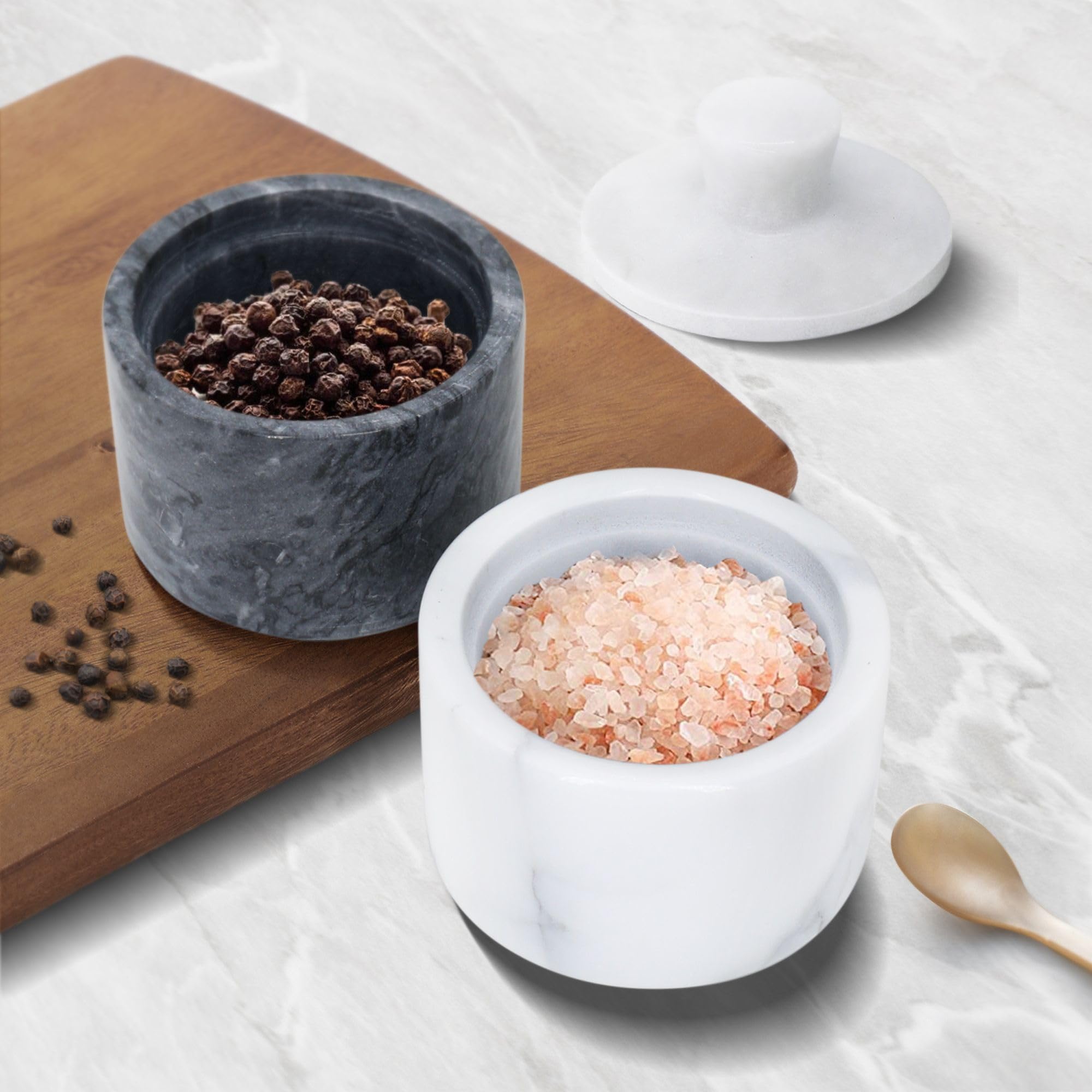 Flexzion Marble Salt Cellar with Lid, Multi-Purpose Marble Container for Salt, Pepper, Paprika and Powdered Herbs, Marble Box for Jewelry, Watches and Accessories (Black)
