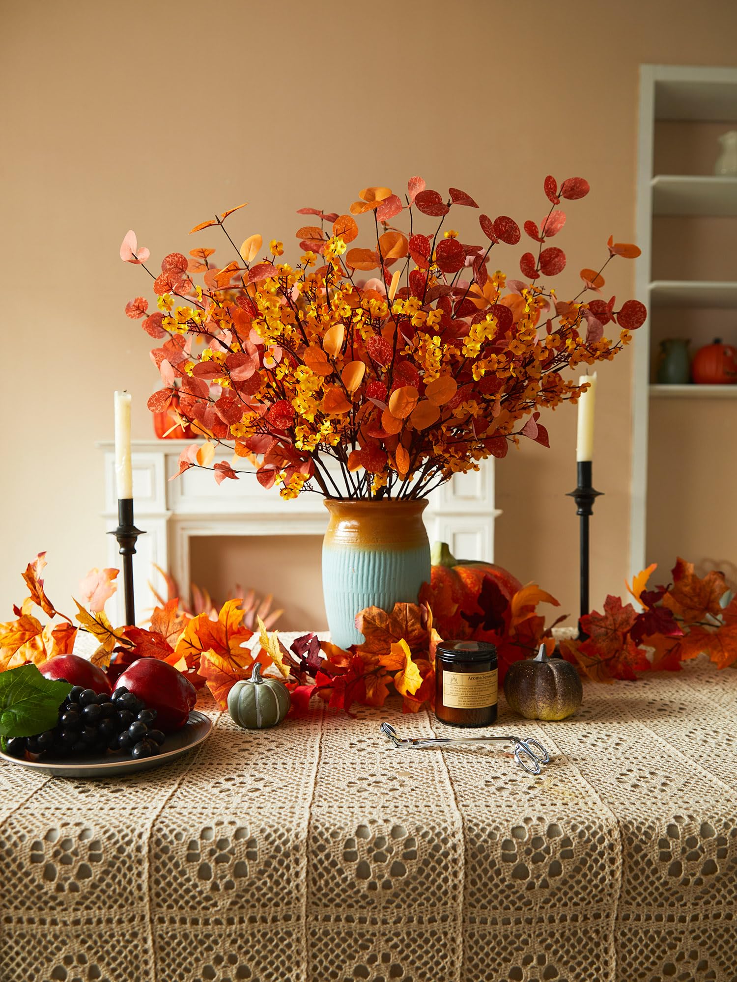 Anna's Whimsy 8 Pcs Artificial Eucalyptus Stems and Fake Babys Breath Flower Fall Decorations Fall Leaves for Fall Home Decor