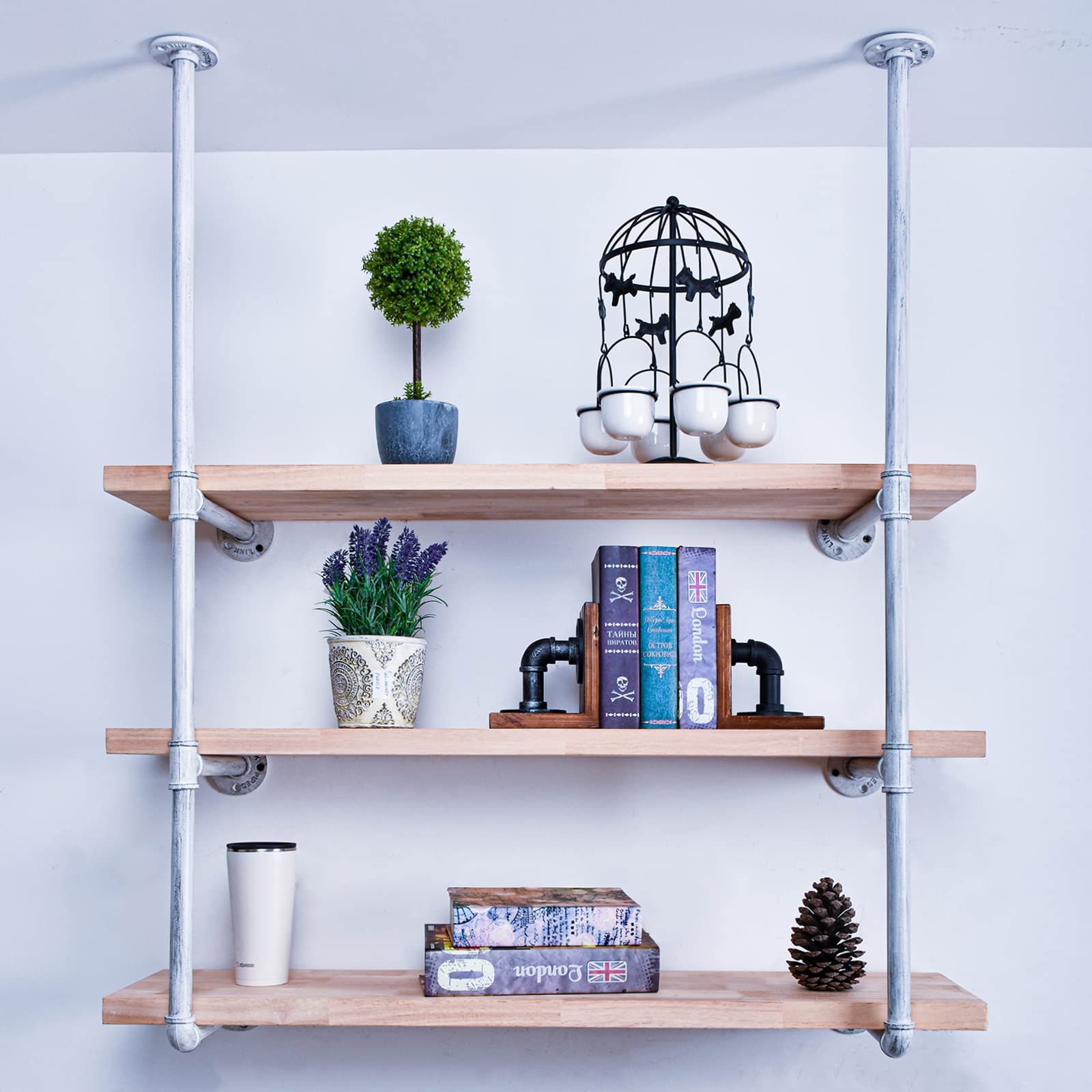LINKPIPES Industrial Pipe Shelving, Shelf Brackets DIY Open Book Shelf for Office Room Kitchen Wall Shelves(2Pcs 3Tier,46.9" Tall,11" deep,Hardware Only)