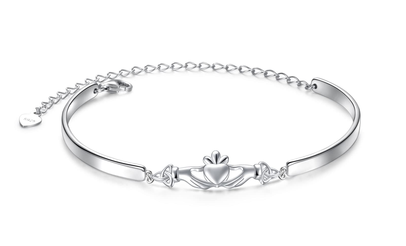 FLYOW 925 Sterling Silver Ireland Jewelry Adjustable Celtic Claddagh Bracelet Good Luck Irish Gifts for Women Birthday Valentine's Day Gifts