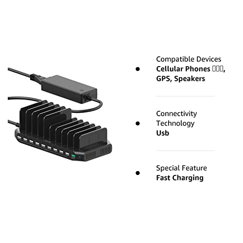 Alxum USB Fast Charging Station with Quick Charge 3.0, 10 Port Charging Stand for Multiple Devices, Compatible with iPad, iPhone, Samsung Galaxy, Black