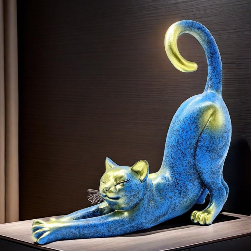 Cat Stretching Statue Figurine Sculpture Gifts for Cat Lover Art Cat Office Home Decor Desk Accessories Decoration