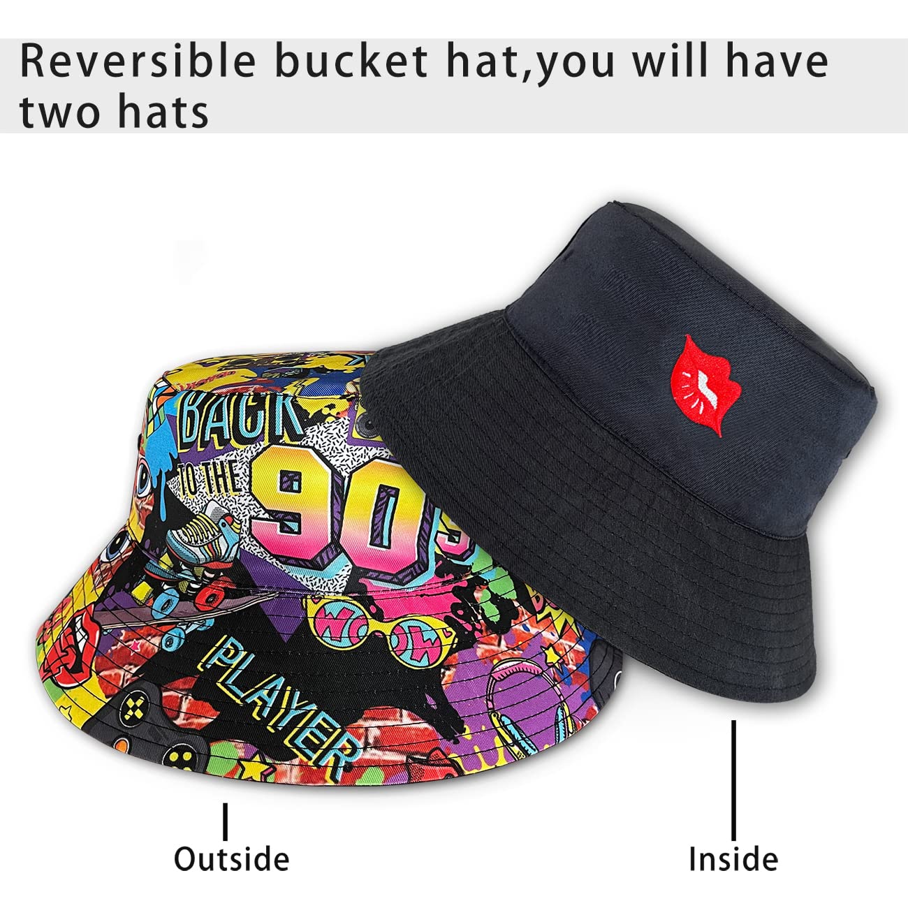 80s/90s Bucket Hat for Men Women, Packable Reversible Printed Sun Hat for Womens Men, 100% Polyester Material, UV Protection (Youth and 90s)
