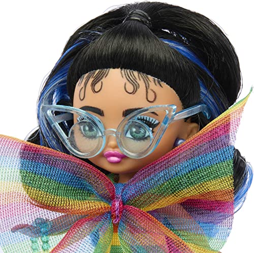 Barbie Extra Mini Minis with Blue-Streaked Black Ponytail Wearing Rainbow Dress & Accessories & Stand, 3.25-inch