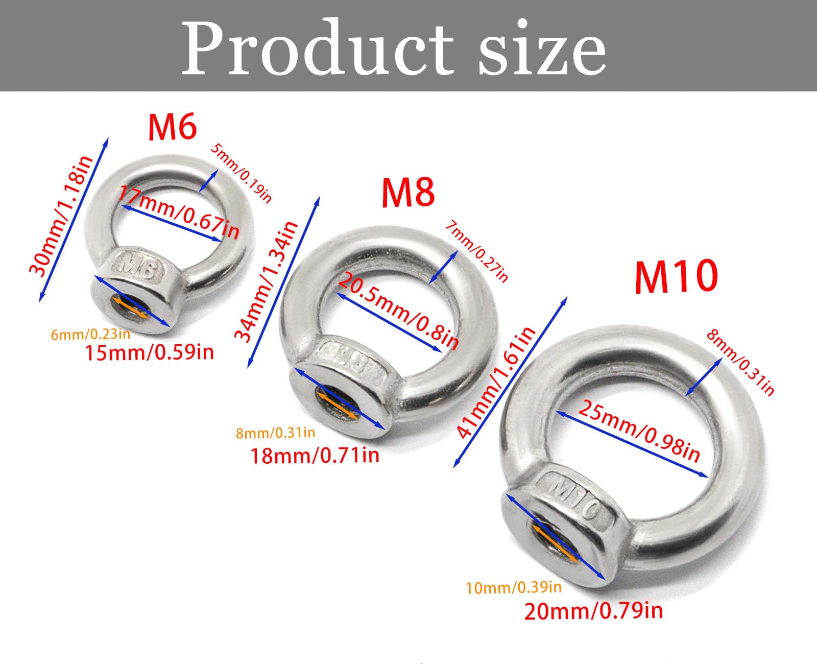 8 PCS 304 Stainless Steel Threaded Nuts Dia Ring Shape Eyed Bolt Lifting Eye Nut Fastener M10