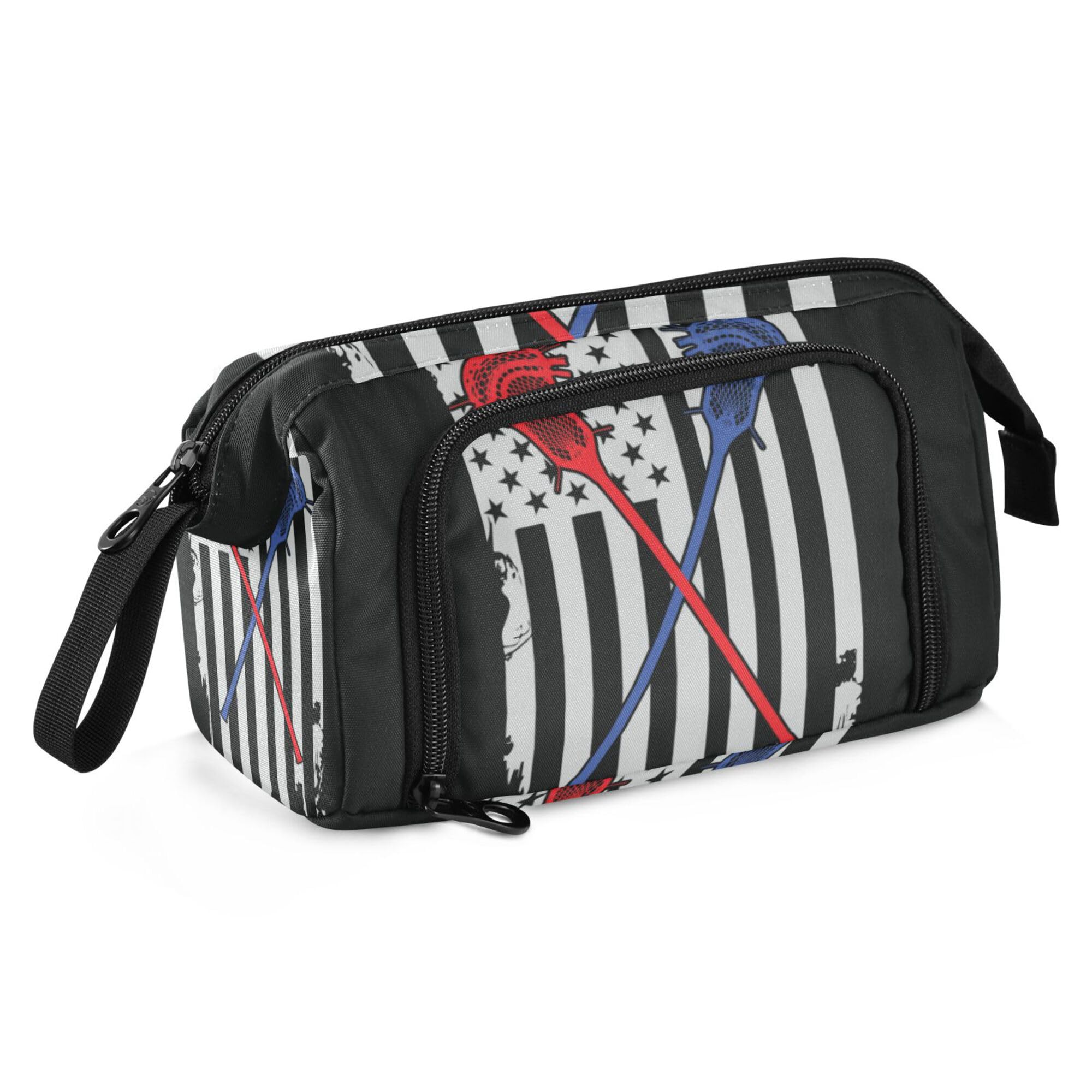 Glaphy American Flag with Lacrosse Hockey Pencil Case Large Capacity Pencil Pouch Bag Zipper Storage Stationery Bag for Office College School
