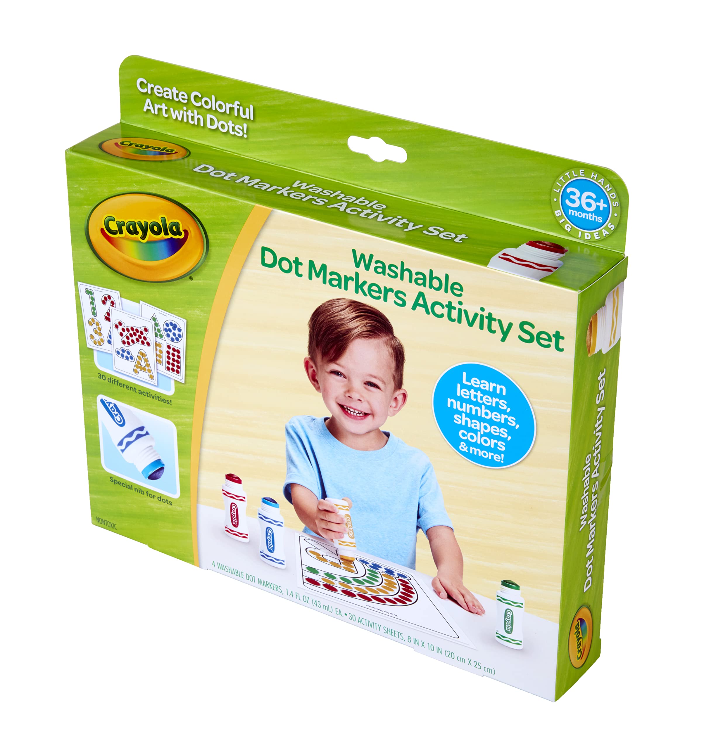 Crayola Washable Dot Markers Activity Set, 30 Toddler Coloring Pages & 4 Washable Markers, Dot Paints for Toddlers, Toddler Gifts, Ages 3+