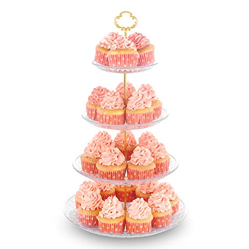 NWK 3/4-Tier Cupcake Stand with Crystal-Clear Plastic Plates and Metal Struts Dessert Stable Tower Display Rack Serving Tray for Wedding Birthday Bridal Shower Autumn NYE Tea Party (Gold)
