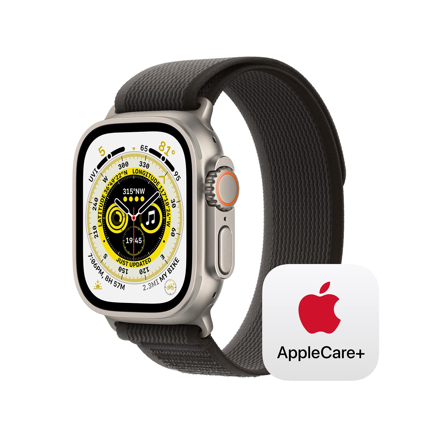 Apple Watch Ultra GPS + Cellular, 49mm Titanium Case with Black/Grey Trail Loop - M/L with AppleCare+ (2 Years)