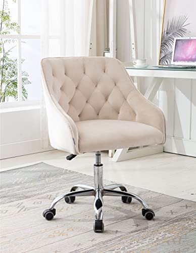 Baysitone Velvet Home Office Desk Chair, Modern Swivel Task Armchair with Adjustable Height, Upholstered Tufted Accent Computer Chair for Home and Office Working or Studying, Beige