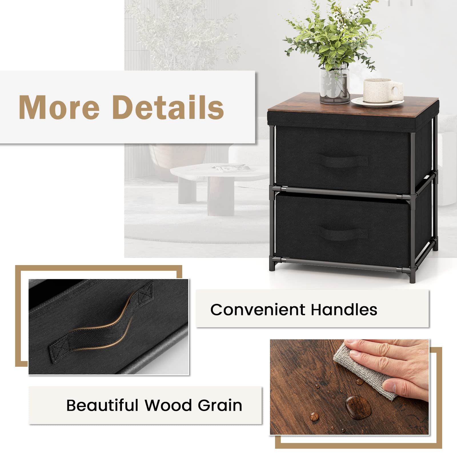 Giantex Nightstand with 2 Fabric Drawers, Small Storage Dresser with Metal Frame and Wood Top for Closet, 2-Drawer Bedside Table with Removable Lid for Bedroom Dorm, Easy Assembly (1, Black)