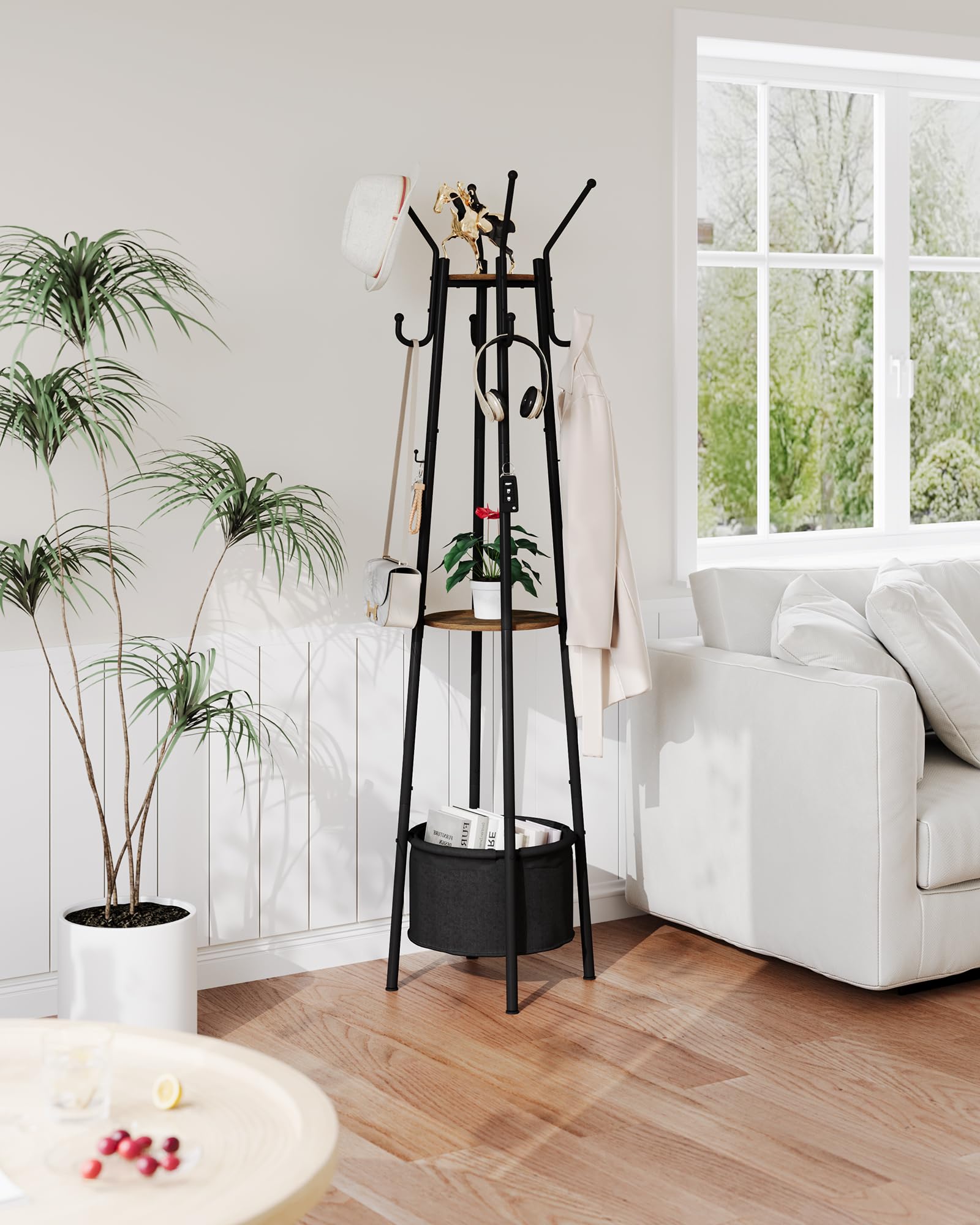 Hzuaneri Coat Rack Freestanding, Coat Rack Stand with 12 Hooks, Coat Tree, Coat Racks Coat Hanger Stand with 2 Shelves and Storage Basket, Hall Tree for Entrance, Hallway, Black CR24701B