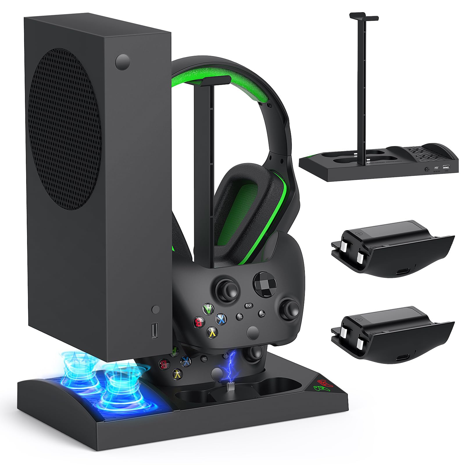 Cooling Fan with Charging Stand for Xbox Series S Console and Controller, Dual Charger Dock Accessories with 2 x 1400mAh Rechargeable Battery and Cover, Headphone Mount for Xbox Series S, Black