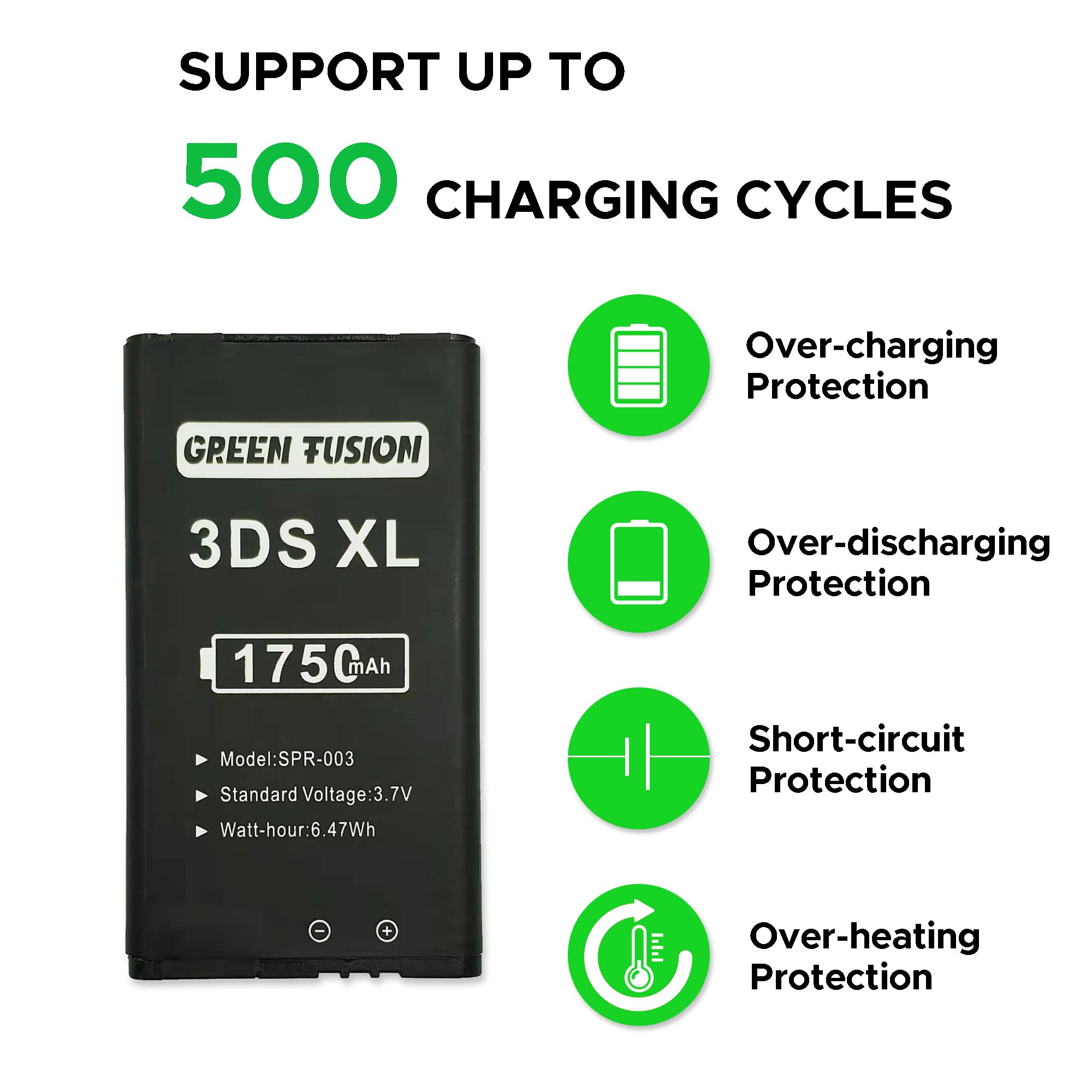GREEN FUSION for 3DS XL & New 3DS XL Battery Replacement, 1750mAh SPR-003 Battery for Nintendo 3DS XL/New 3DS XL (Not for 3DS/New 3DS) with Repair Toolkit