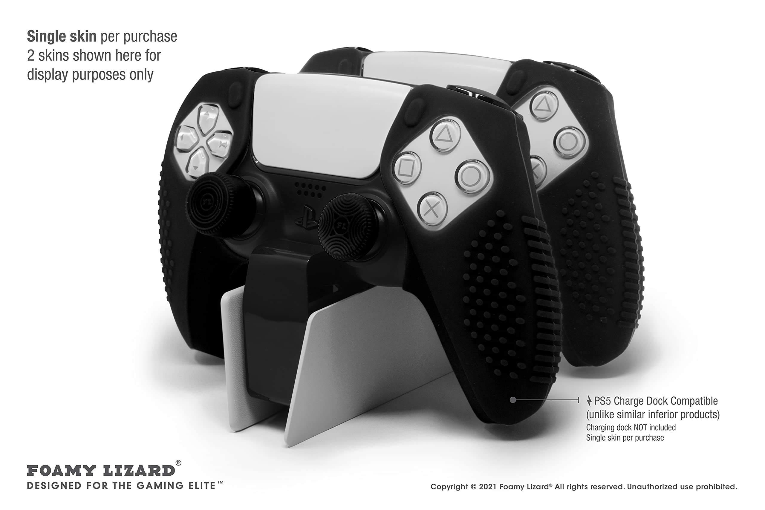 Foamy Lizard SensePro PS5 Controller Skin | Dock Compatible, Soft Flat Anti-Slip Studded Silicone Gel Grip Cover for PlayStation 5 Dualsense, Rubber Protector Plus 8 Raised Thumb Grip Caps (Black)