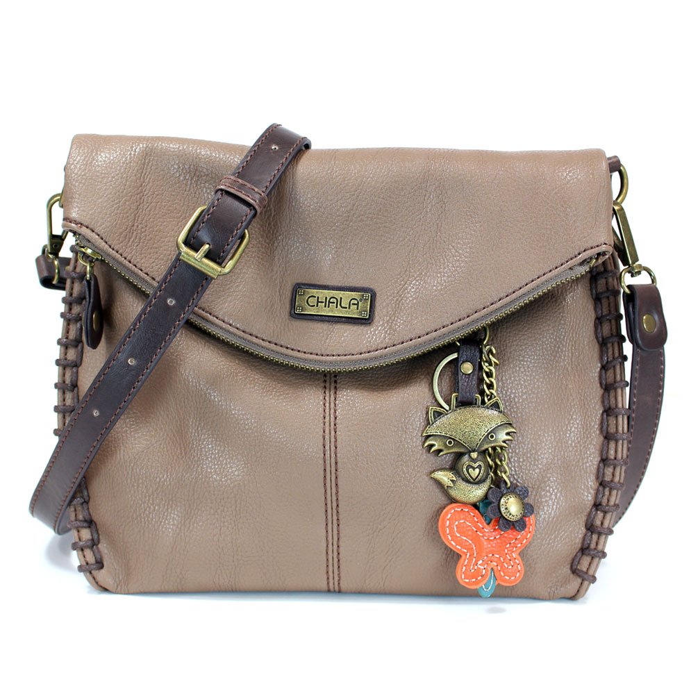 Chala Charming Crossbody Bag with Zipper Flap Top and Metal Chain - Light Brown - Chala Fox