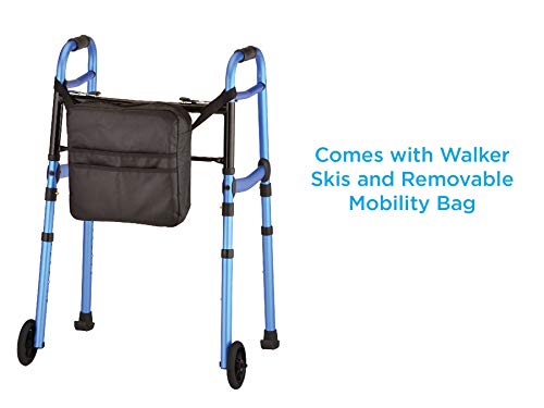 NOVA Medical Products Folding Walker with 5” Front Wheels, Glide Skis and Mobility Bag, Portable and Great for Travel, Blue