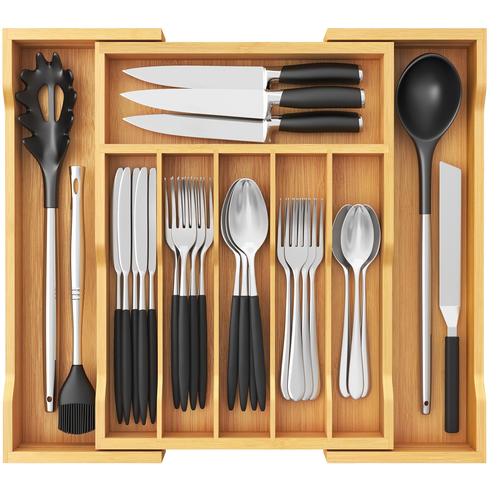 Lifewit Silverware Drawer Organizer, Expandable Utensil Tray for Kitchen, Bamboo Flatware and Cutlery Holder, Wood Adjustable Storage for Spoons Forks Knives, Large, Natural