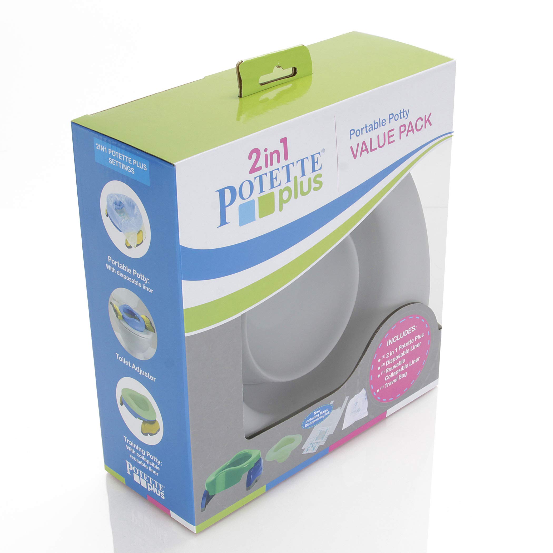 Potette Plus Potty Value Pack: Kalencom 2in1 Potette Plus Portable Potty and Reusable Collapsible Liner for Home Use (White/Gray)