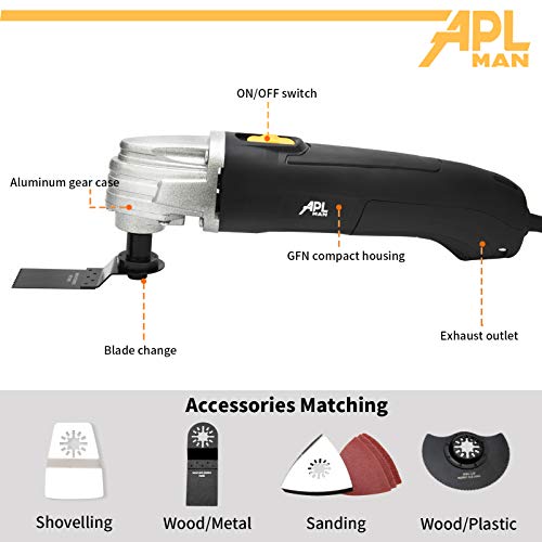 APLMAN Multi Purpose Oscillating Tool, 1.6-Amp Oscillating Multi Tool with 3.2°Oscillation Angle, Single Speed and 8 Pcs Accessories,Carrying Box