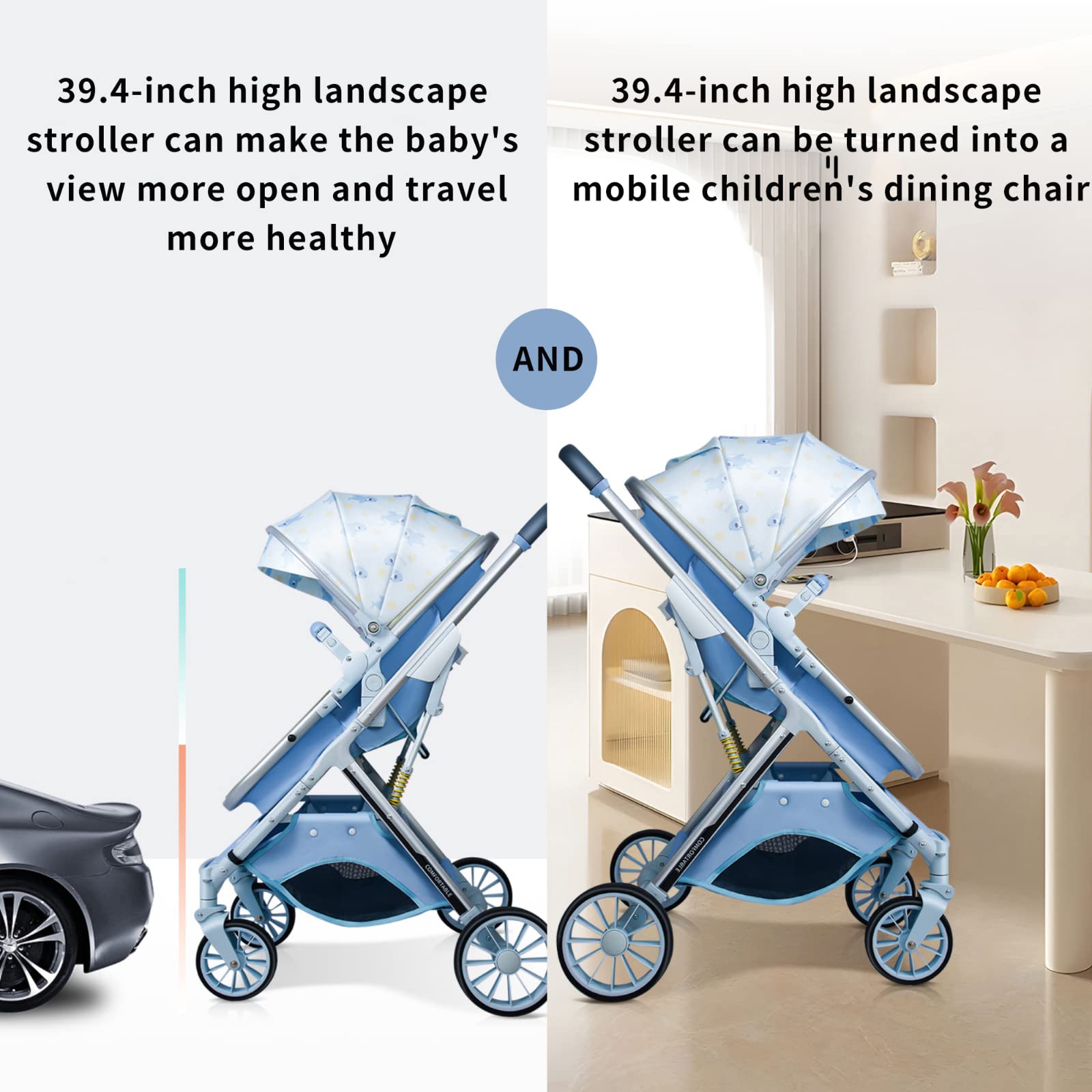 Baby Stroller - 2 in 1 High Landscape Convertible Stroller with Reversible Seat, Foldable Aluminum Alloy Pram Anti-Shock Toddler Pushchair Strollers for 0-36 Months Babies