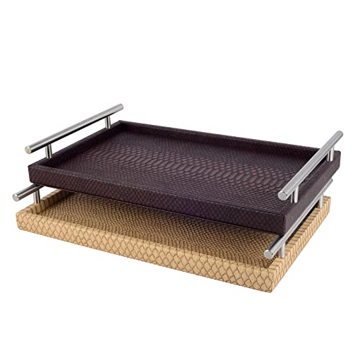 Faux Leather Rectangle Serving Tray with Polished Silver Metal Handle for Coffee Table,Cup,Fruit,Food Tidy Up Container,Console Table Living Room Kitchen Serve Tray,Home Decoration Tray (Brown)