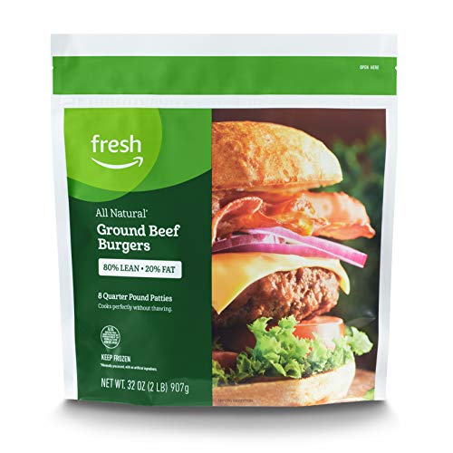 Amazon Fresh Brand, Frozen Ground Beef Burger Patties, 80% Lean/20% Fat, 2 lb, Pack of 8
