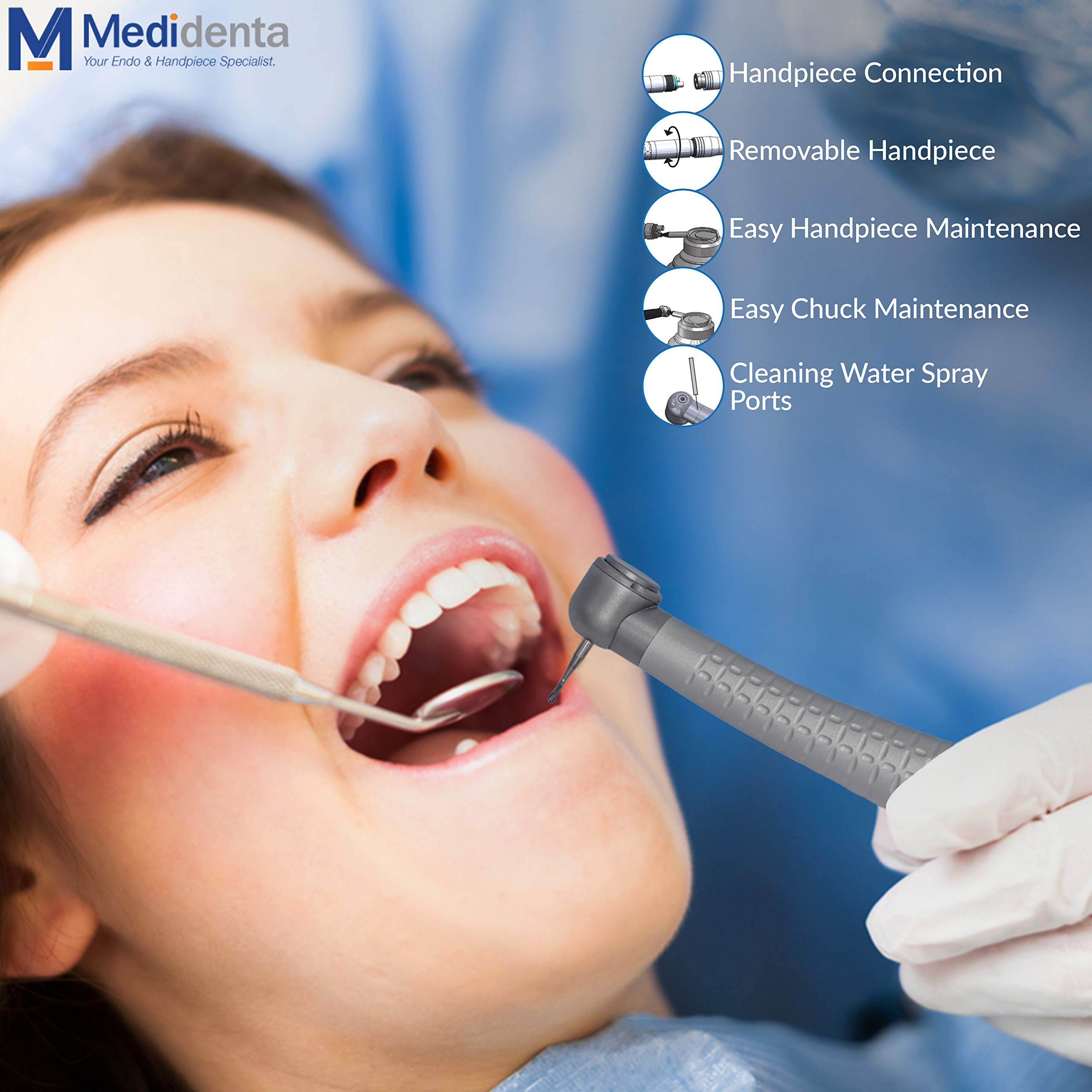 Medidenta Atom Micro-Head High-Speed Durable Professional Dental Handpiece, 16.5 Watts Power & Ceramic Bearings - Small Head, Perfect for Small Mouths, Fiber Optic