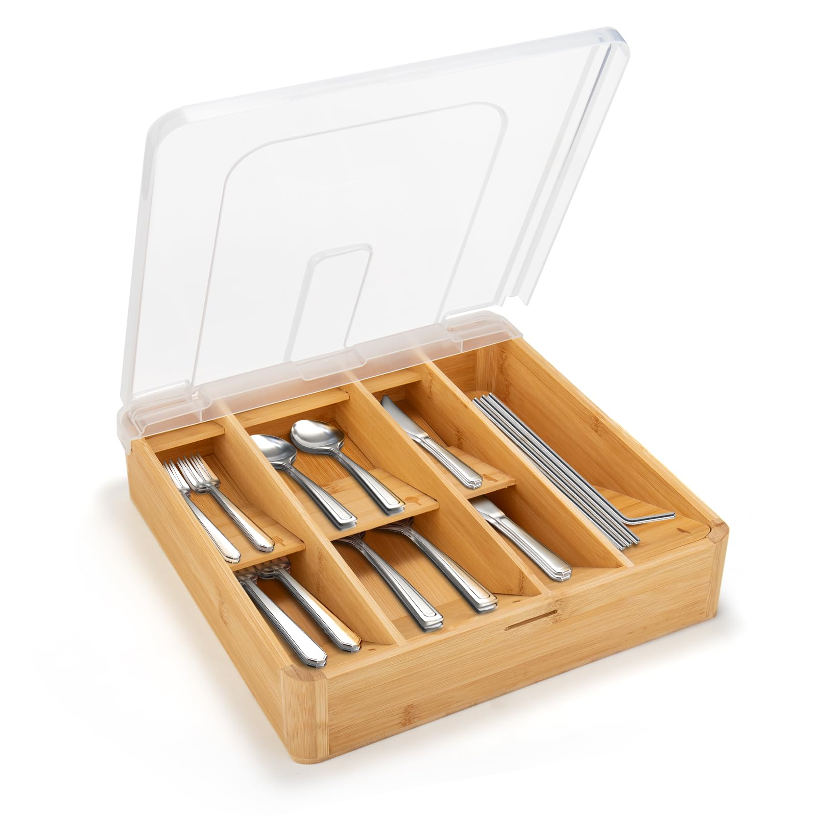 YICOCHI Utensil Holder for Countertop with Lid, Bamboo Silverware Tray for Drawer, 7 Compartments Flatware Organizer with Labels