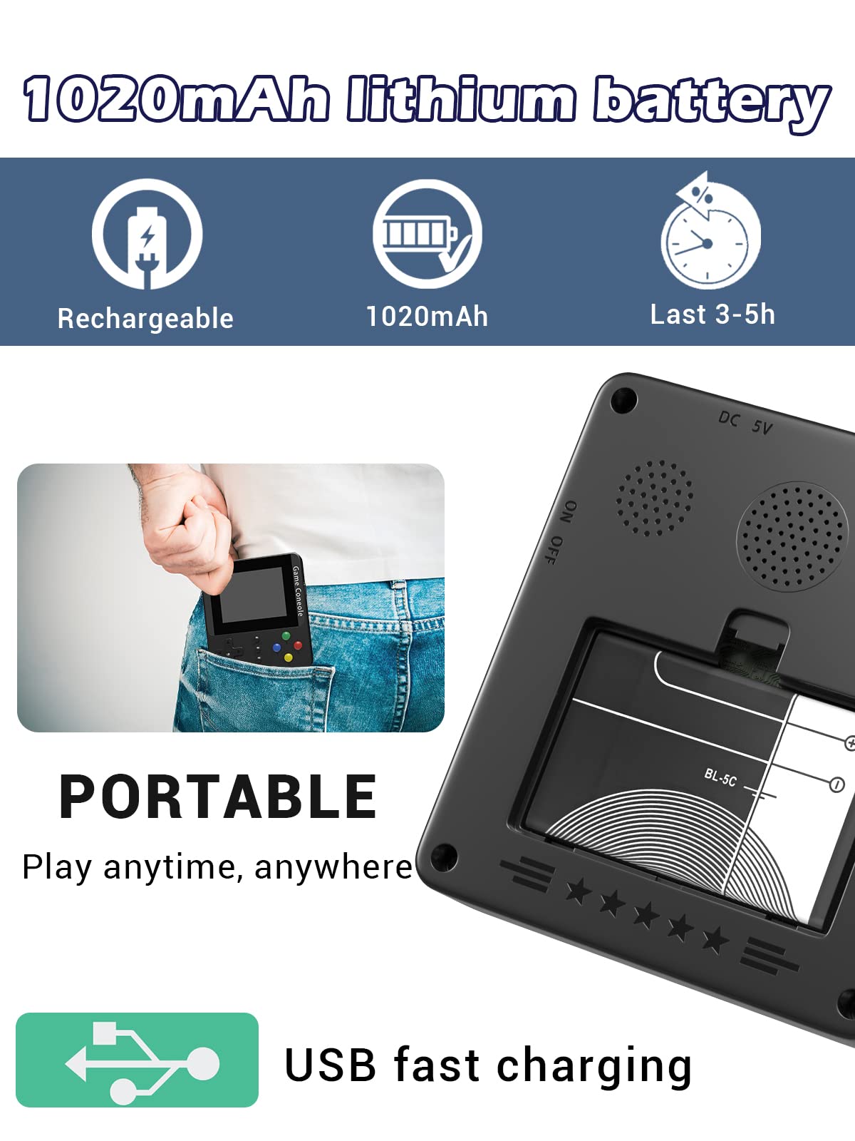 Fadist Handheld Game Console, Retro Mini Game Console with 500 Classic Games, Rechargeable Battery, Portable Games Controller, Support for 2 Players & TV, Ideal Gift for Kids, Friend, Lover (Black)