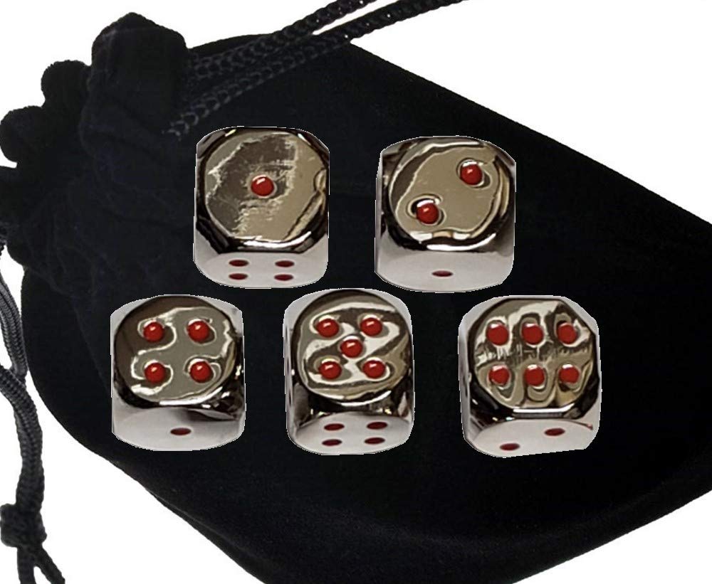 Cyber-Deals Set of Dice Cup Black PU Leather w/Plush Black Felt Lined + 16mm Zinc Alloy Metal Dice, Gift Boxed (Nickel, Red)