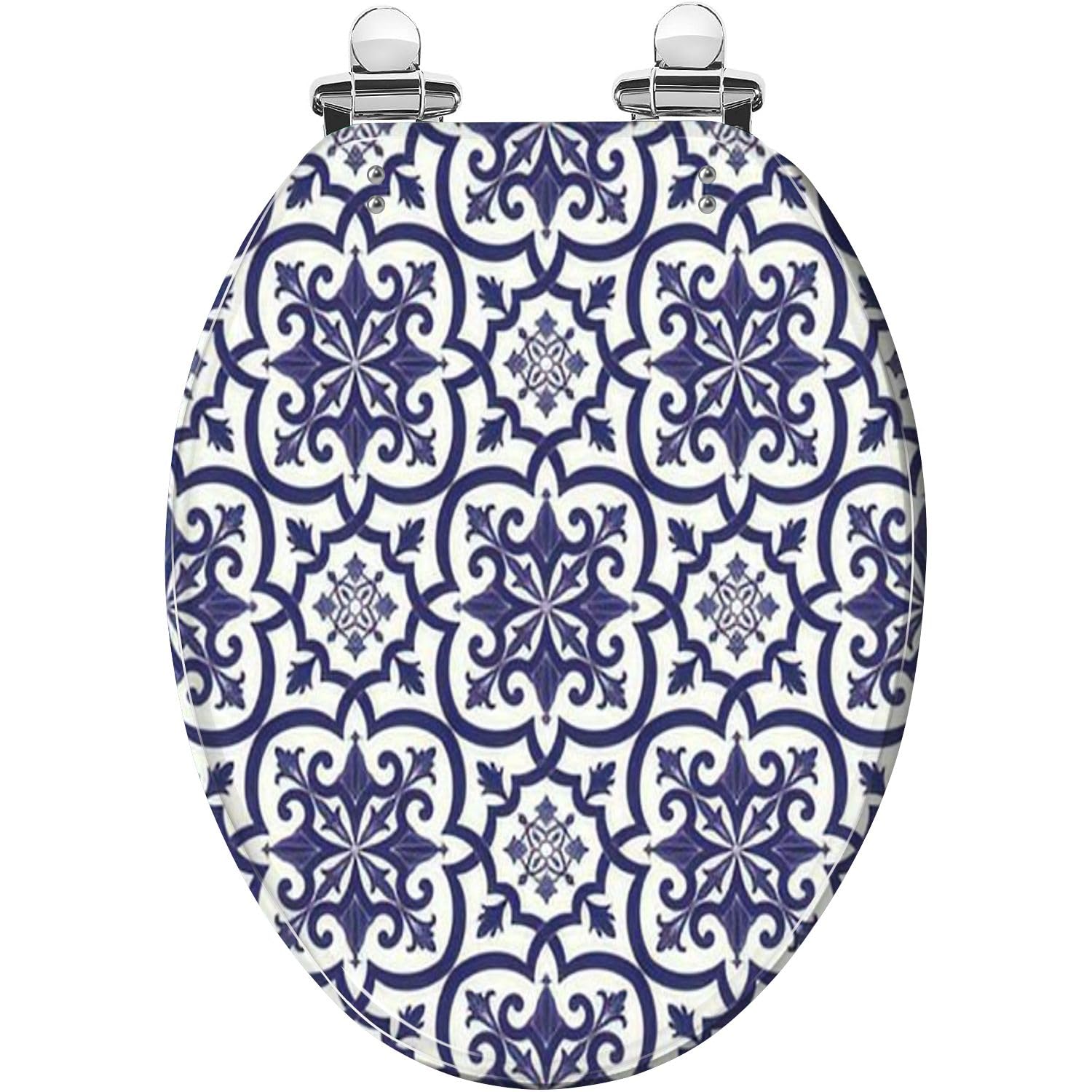 Elongated Toilet Seat Mexican tile pattern seamless floral vintage ornaments Portuguese Resin Toilet Seat Quietly Slow Close with Quick-Release Hinges Toilet Seat with Cover Easy to Clean Install